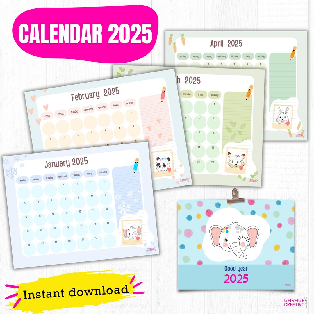 Digital Calendar 2025 Printable for Kids, Pdf Digital Download - Etsy