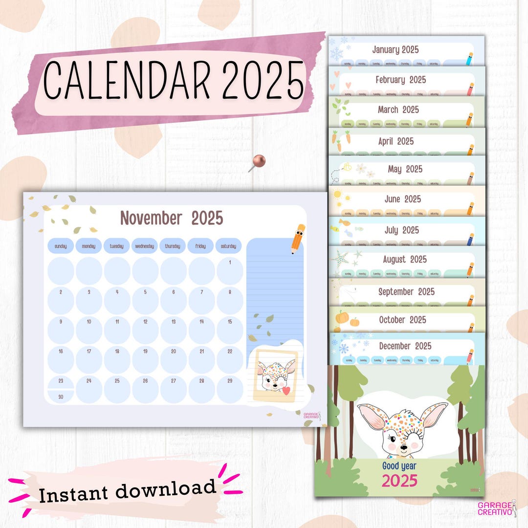 Printable Calendar 2025 for Kids, Colorful Funny Animal, Digital ...
