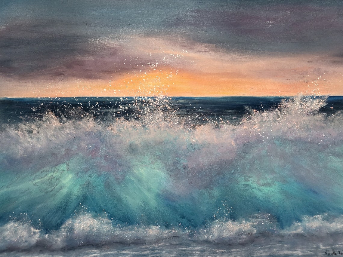 Ocean Sunset Pastel Painting 9x12, Ocean Painting, Seascape, Wave ...