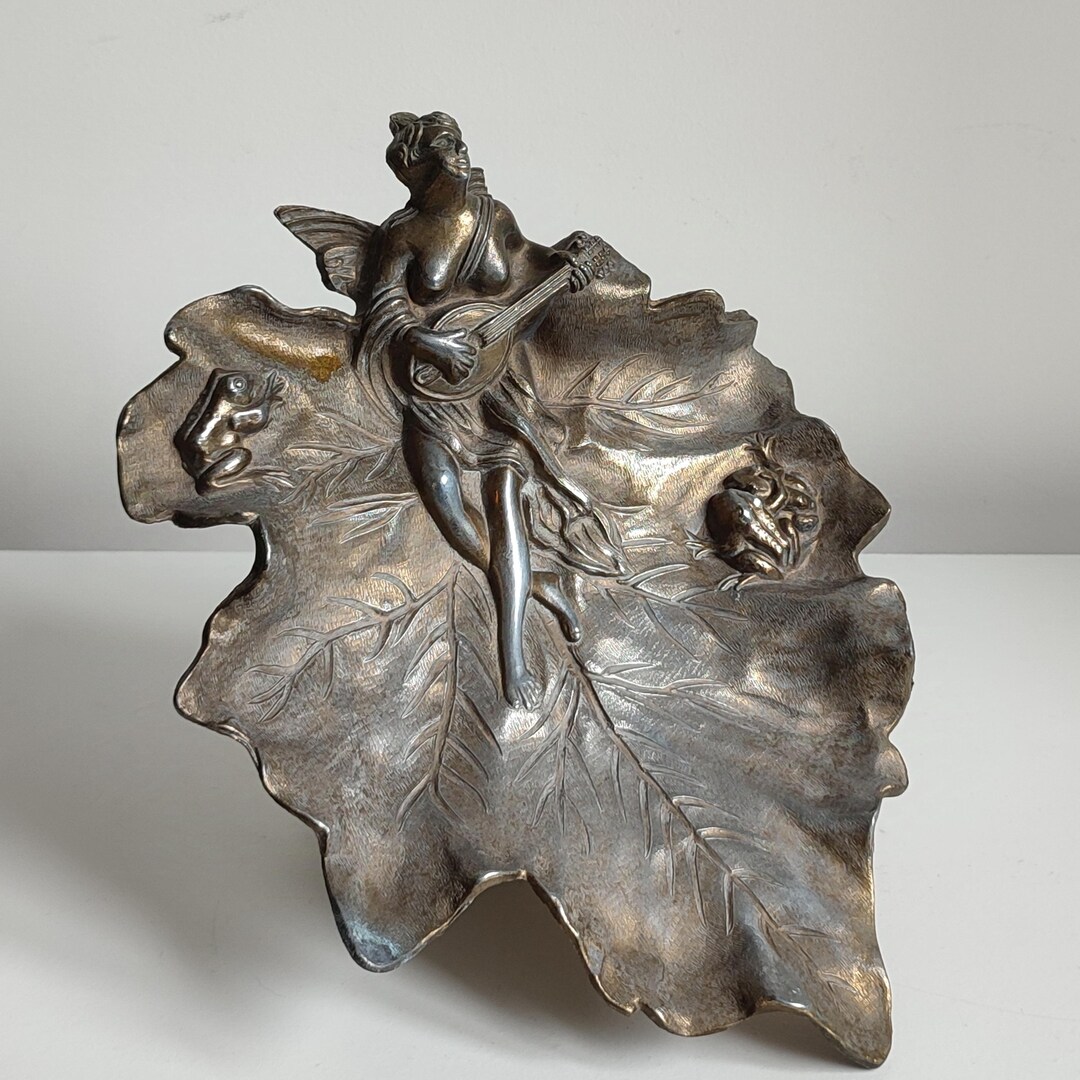 Art Nouveau Fairy / Angel With Mandolin and Frogs Leaf Shaped Trinket ...