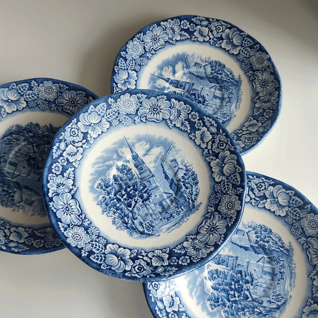 Set of 4 Liberty Blue Historic Colonial Scenes Old North Church Saucers ...