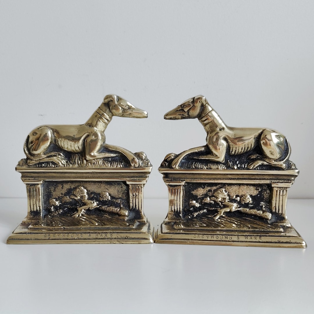 Antique Pair of Solid Brass Greyhound and Hare Bookends Book Holders ...