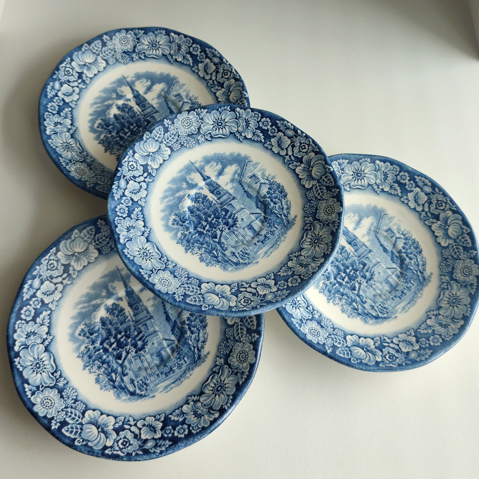 Set of 4 Liberty Blue Historic Colonial Scenes Old North Church Saucers ...