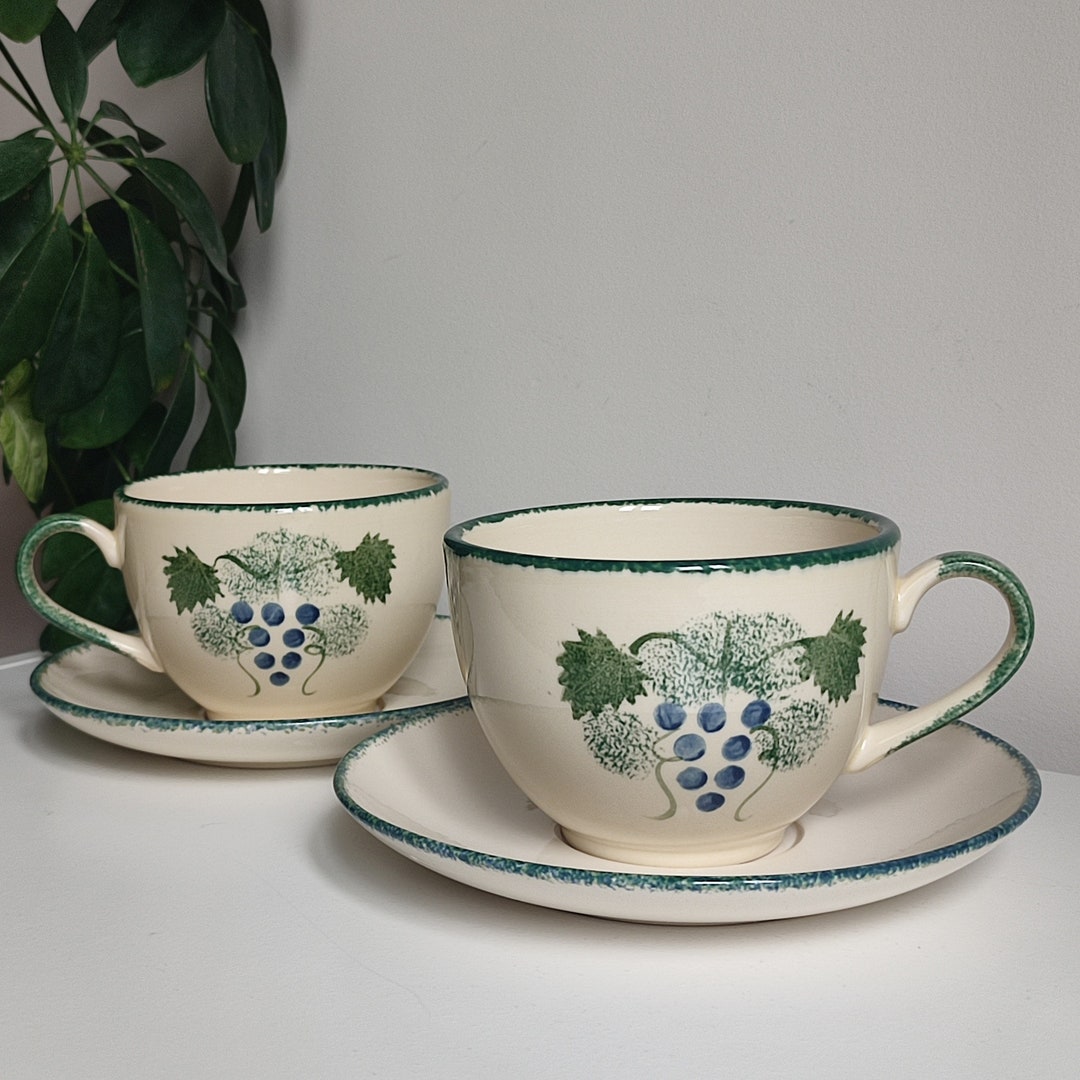 Large 2x Cup & Saucer by Poole Pottery Vineyard Grape Vine Design Hand ...