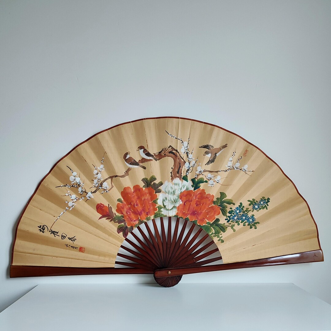 Vintage Large Chinese Wall Fan Asian Hand Painted Folding Fan ...