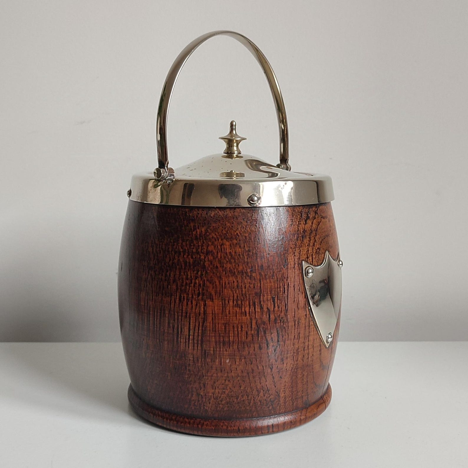 Antique English Oak Biscuit Barrel With Porcelain Liner and Silver ...