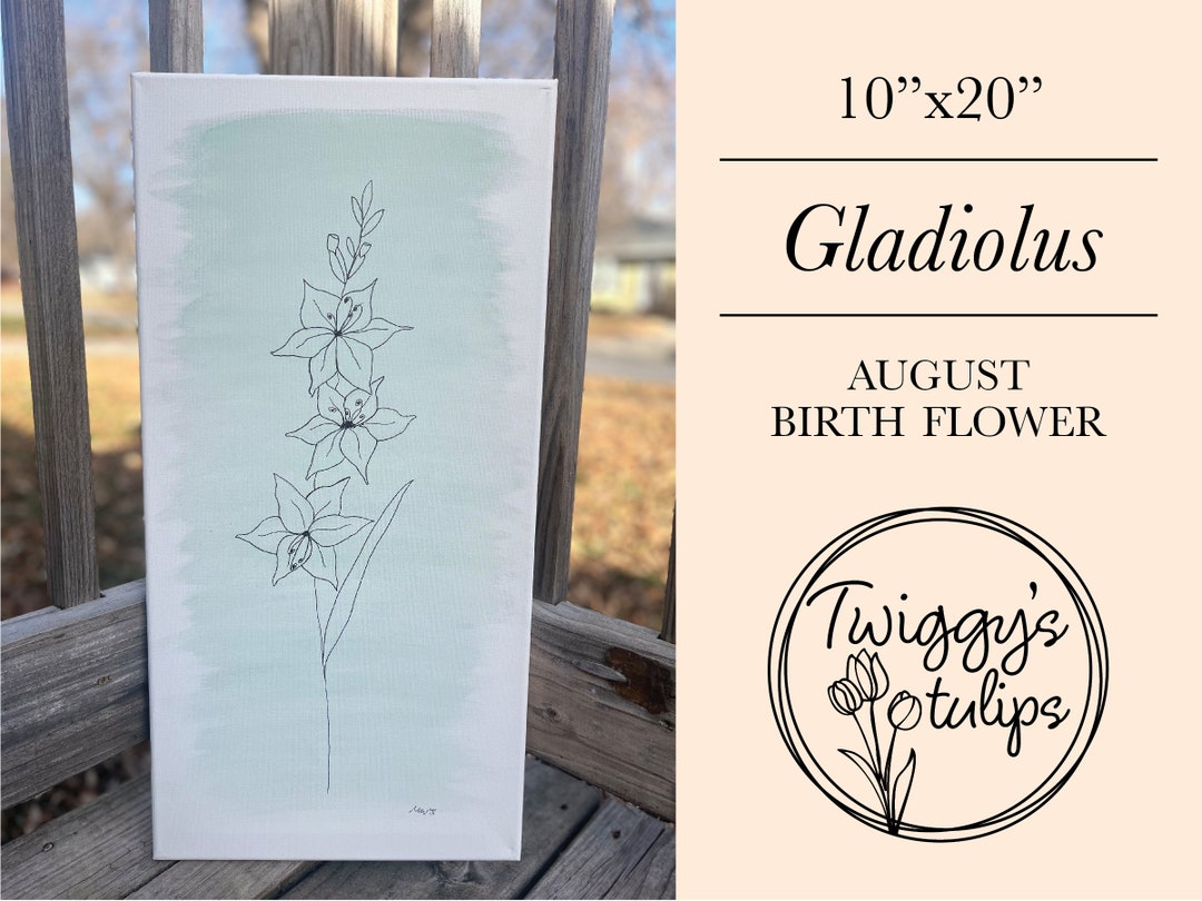 August Birth Flower Gladiolus Line Drawing on Watercolor Background ...