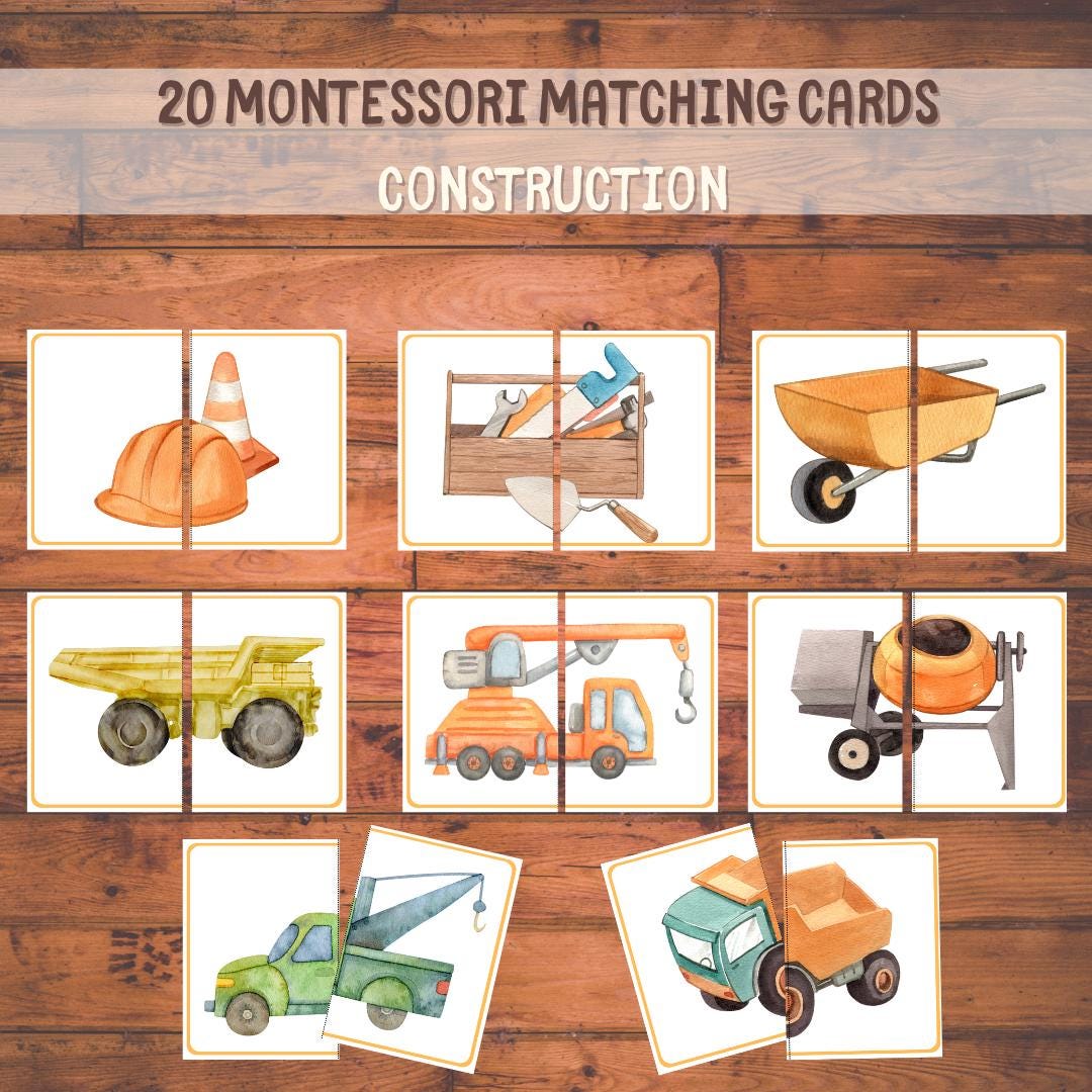 20 Construction Matching Cards Printable, Montessori, Truck Memory Game ...
