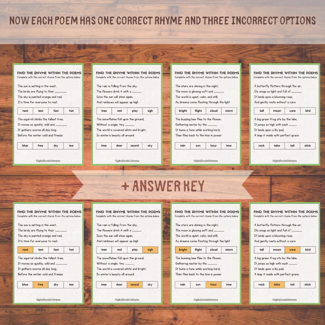 Rhyming Poems Worksheets, Complete the Verses, Poem Completion Exercise ...