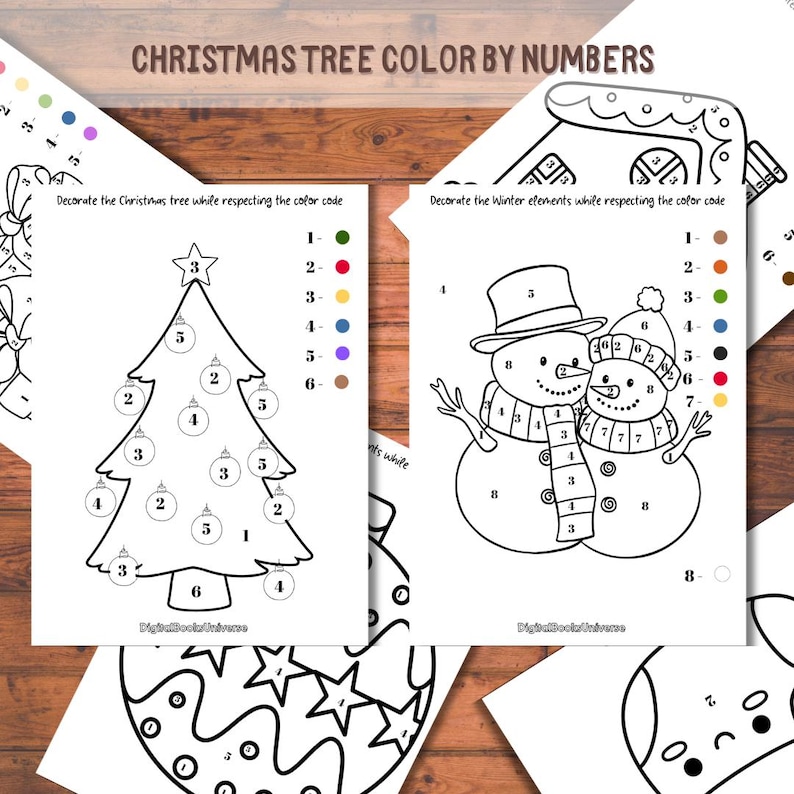 Christmas Color by Number, Winter Coloring Pages for Kids, Holiday ...
