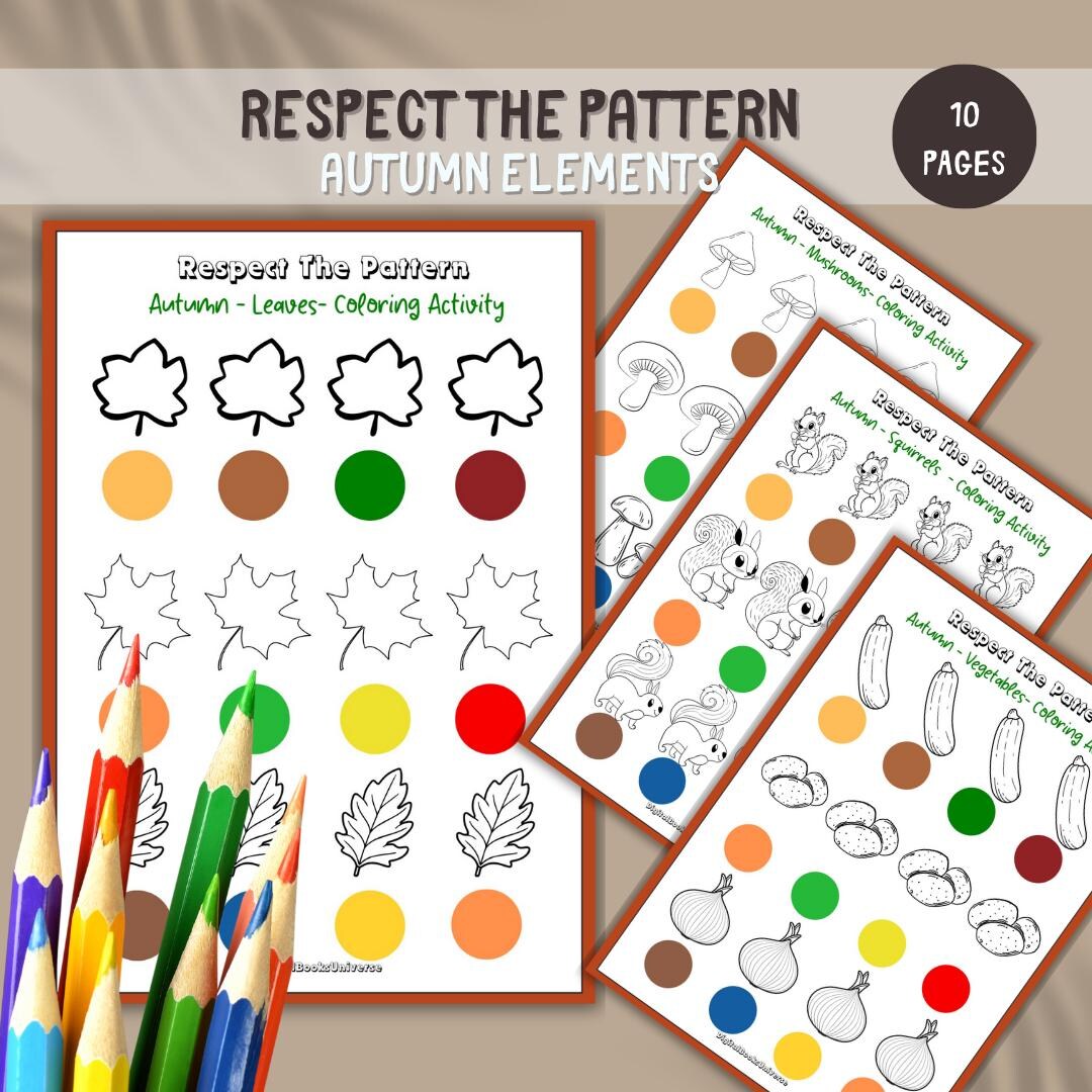 10 Pages, Coding Game Worksheets, Autumn Elements, Respect the Pattern ...
