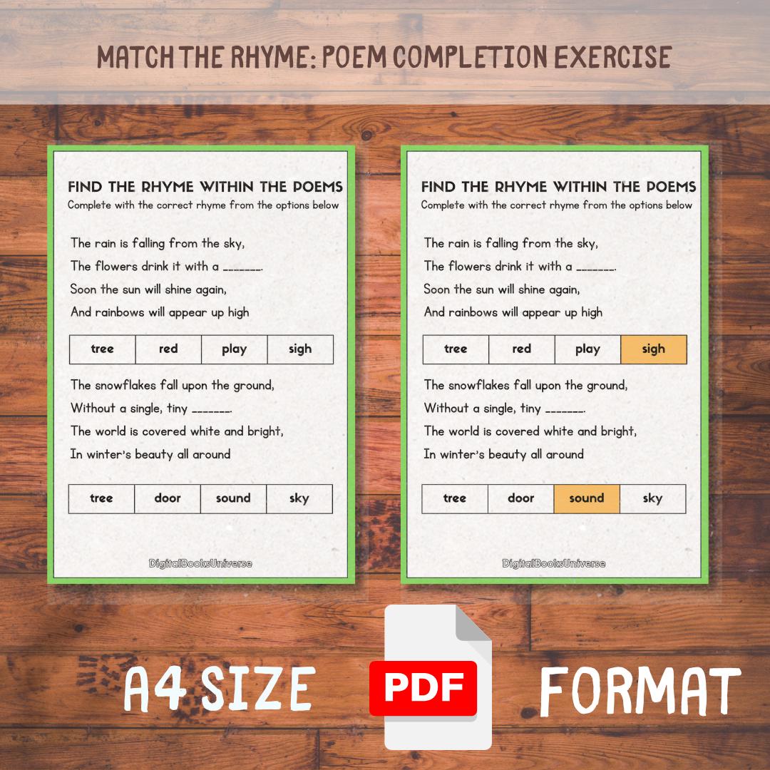 Rhyming Poems Worksheets, Complete the Verses, Poem Completion Exercise ...