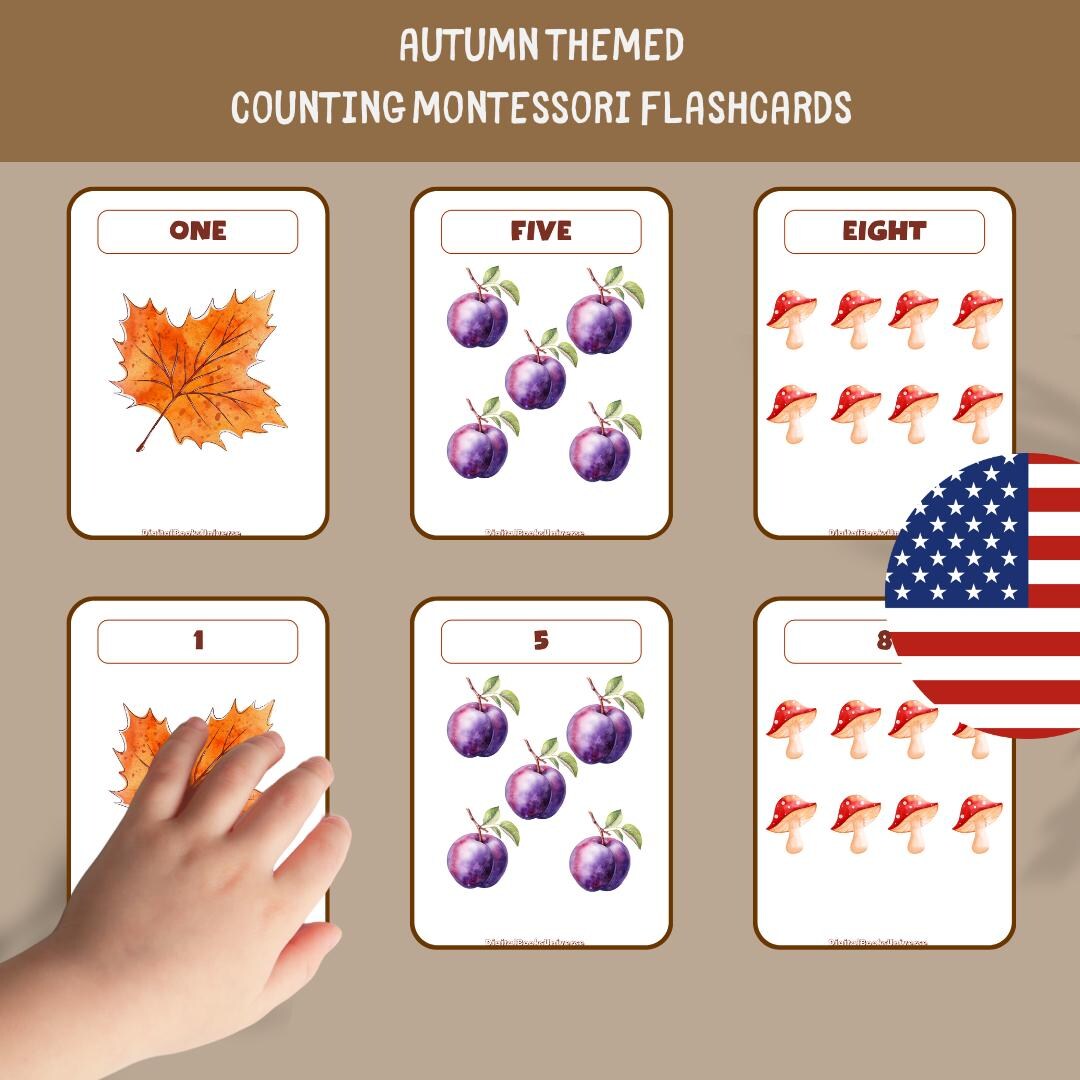 Printable Autumn Number Cards Montessori Counting Flashcards Unit Study ...