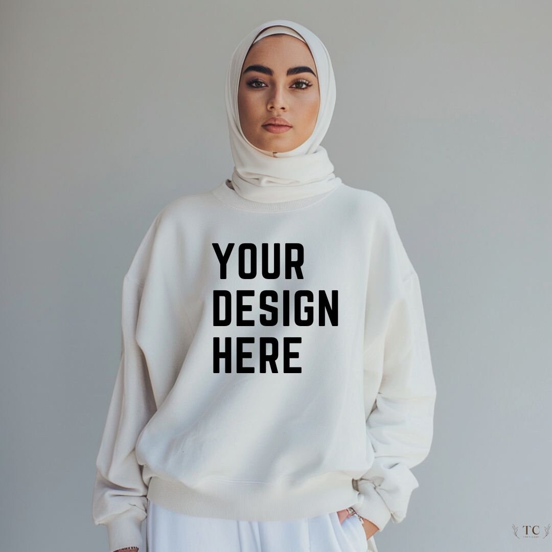 Mockup Print on Demand Inclusive Sweatshirt Mockup, Muslim Woman Model ...