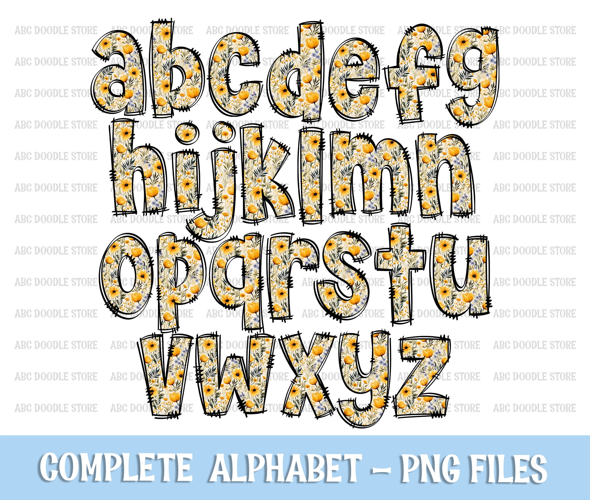 Yellow Floral Doodle Letters Set 05, Floral Hand Drawn Doodle Clipart ...