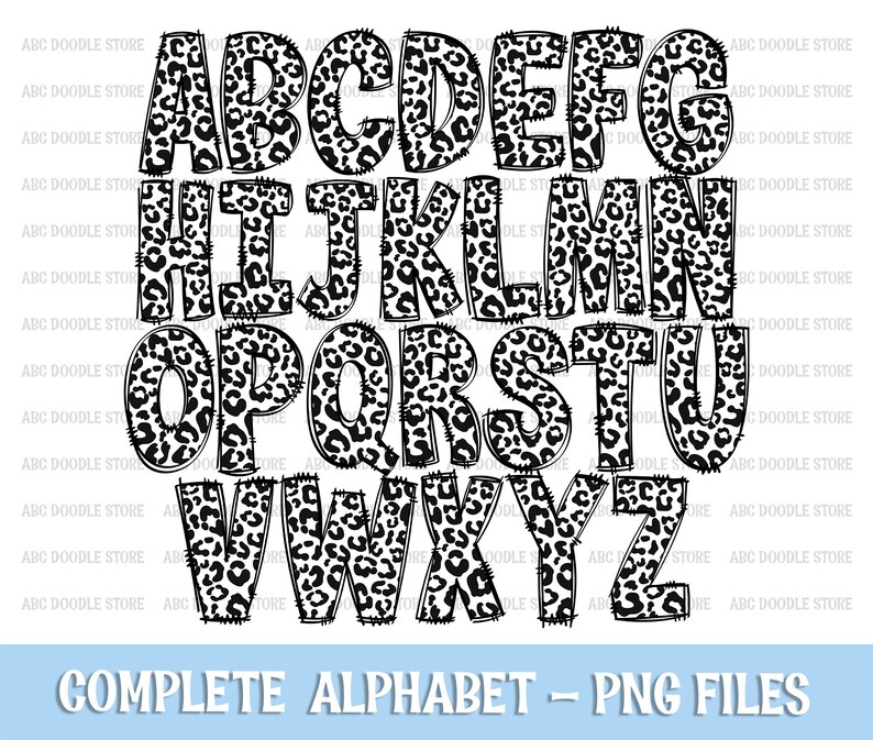 Leopard Alphabet Doodle Set PNG, Black and White Leopard Doodle Letters ...