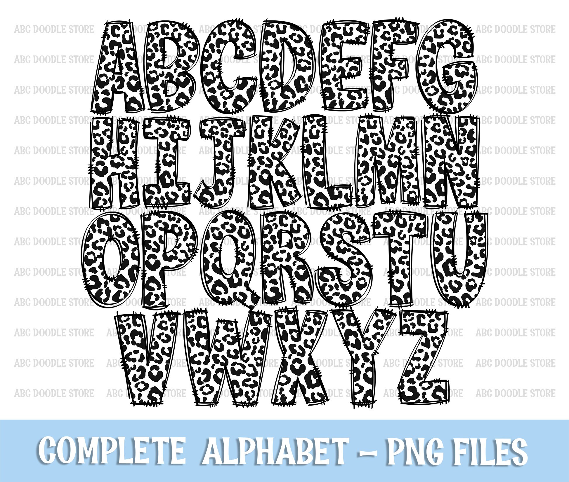Leopard Alphabet Doodle Set PNG, Black and White Leopard Doodle Letters ...