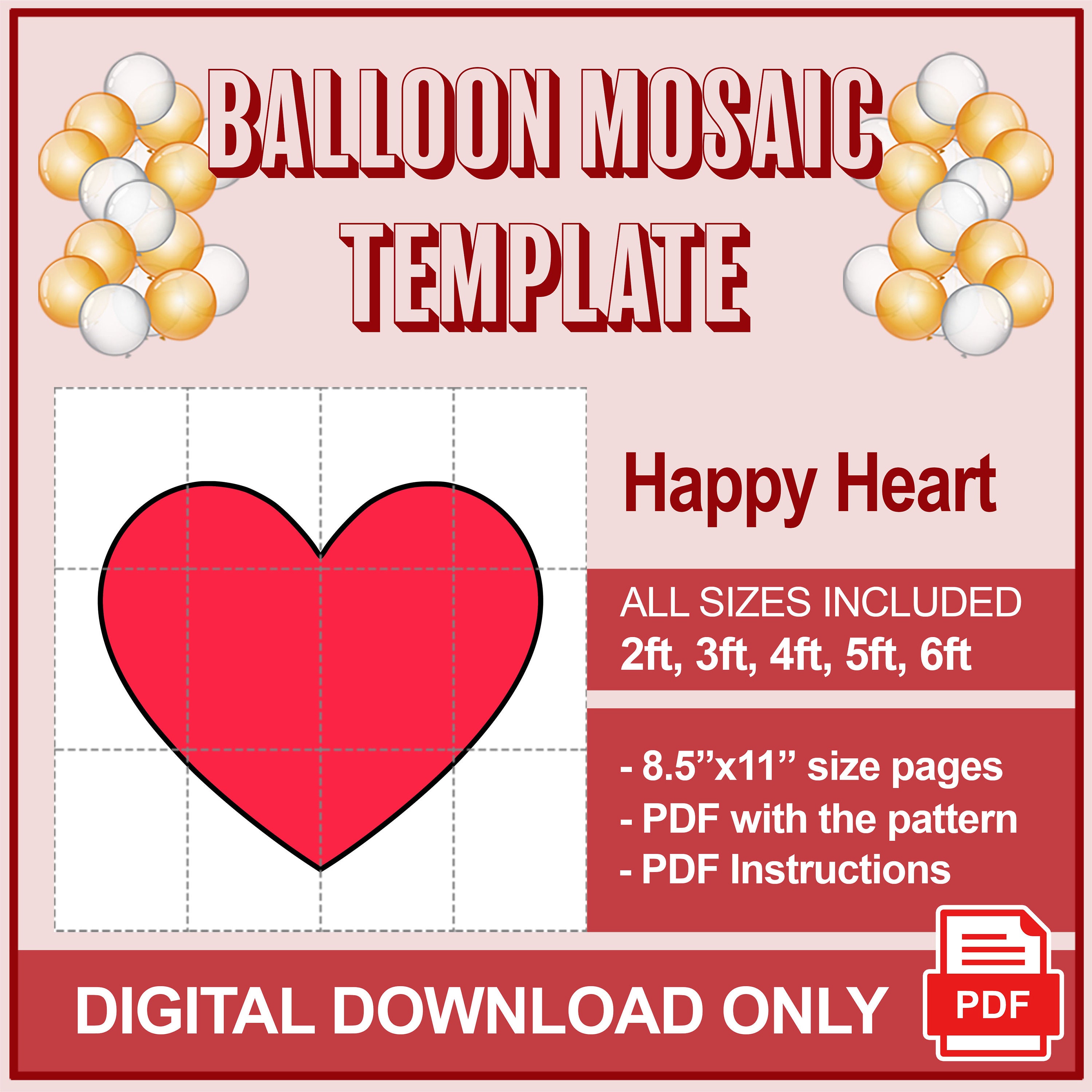 Happy Heart Balloon Mosaic, Heart Shaped Mosaic Digital Template, Heart ...