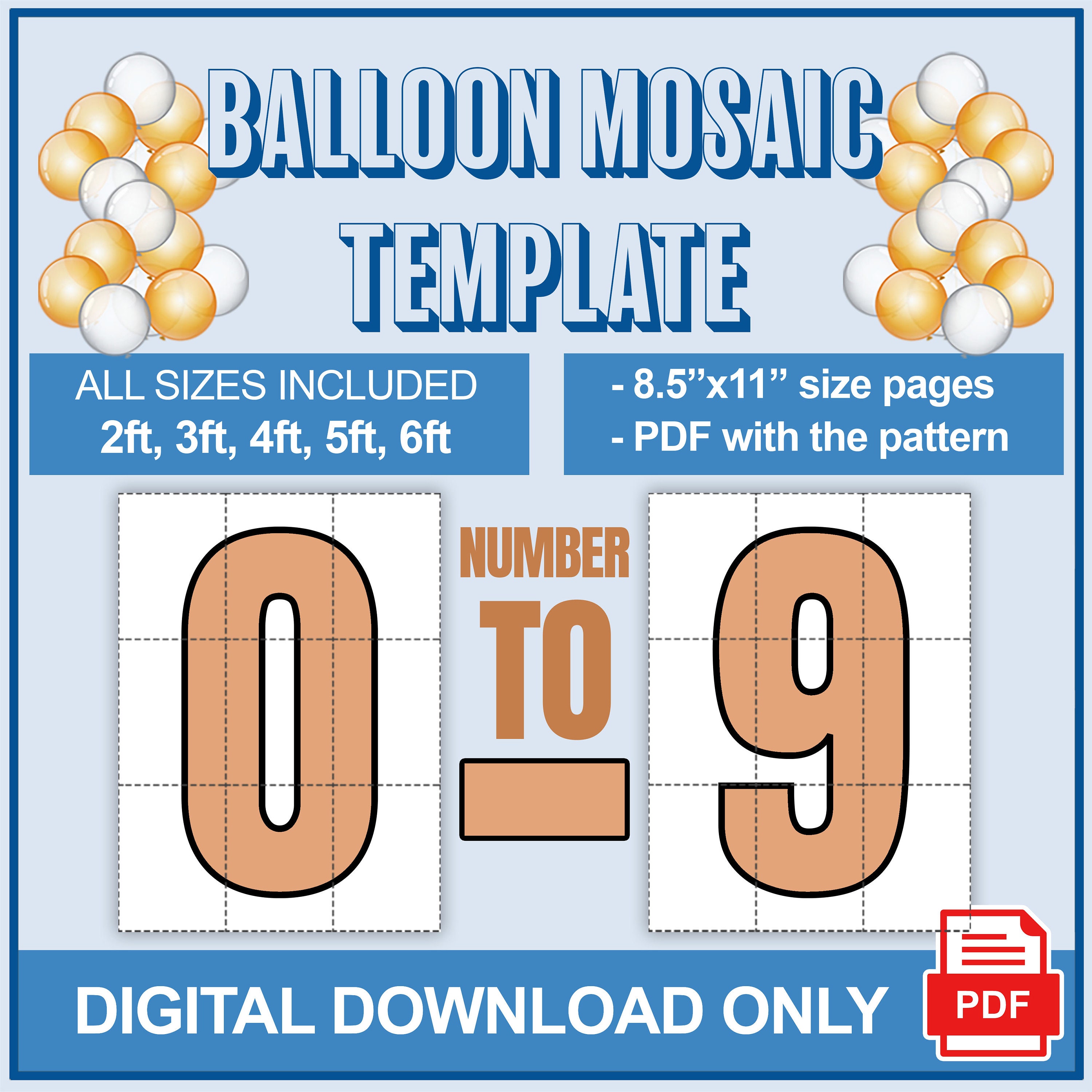 6ft, 5ft, 4ft, 3ft, 2ft Mosaic, All 0-9 Numbers Mosaic Balloons ...