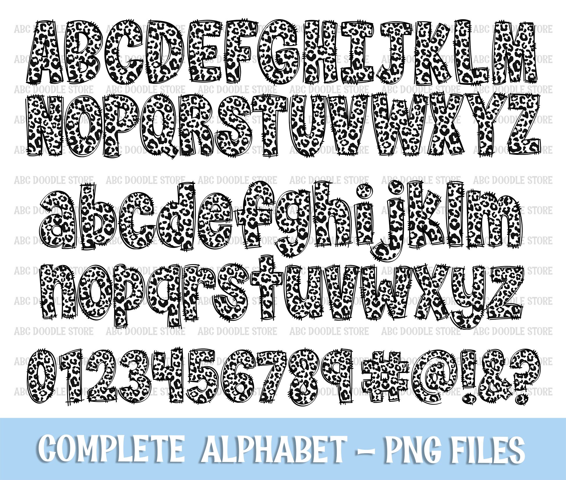 Leopard Alphabet Doodle Set PNG, Black and White Leopard Doodle Letters ...