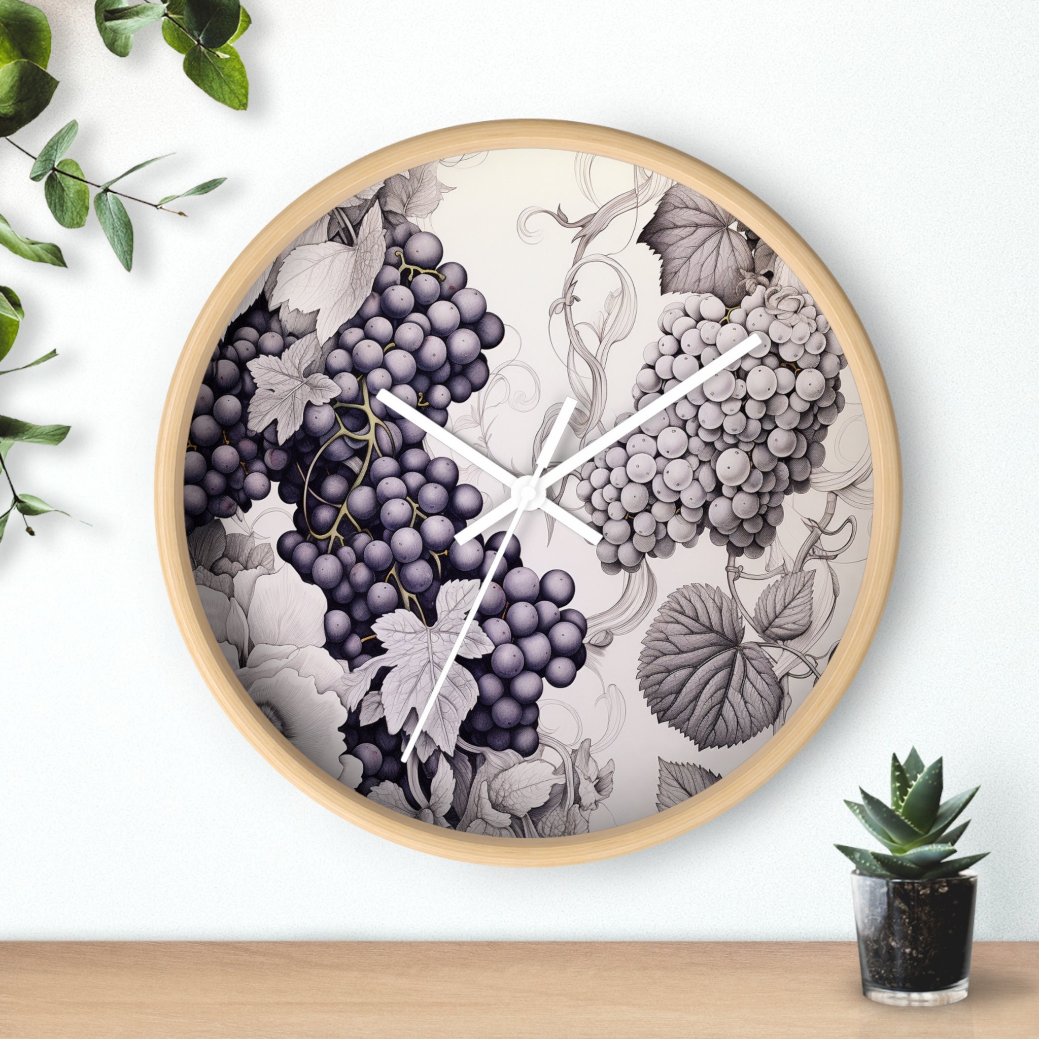 Floral Grape Vine Wooden Glass Face Wall Clock - Etsy