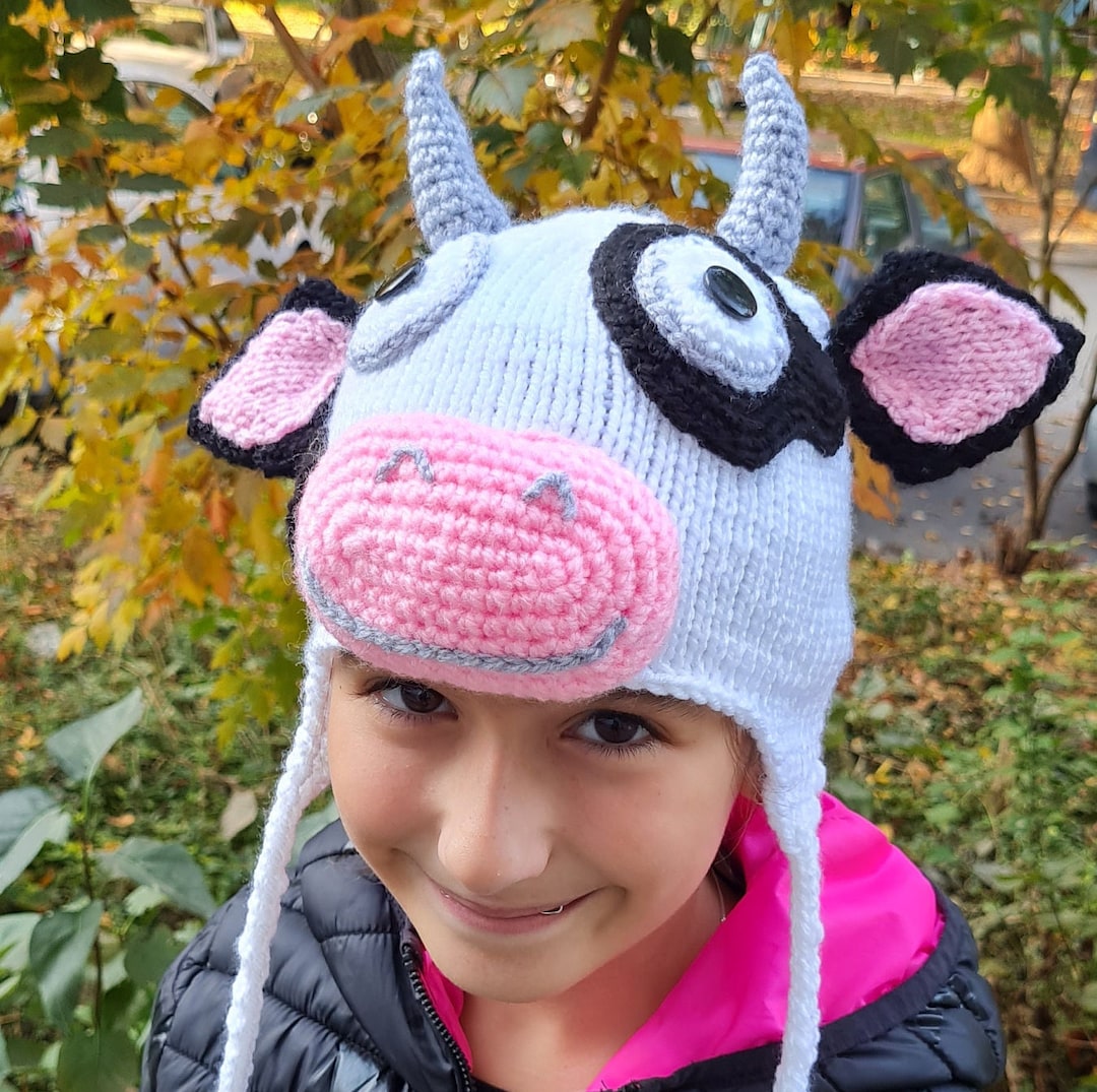 Cow Hat, Hand Knitted Cow Hat, Animal Hat, Cow Earflap Hat - Etsy