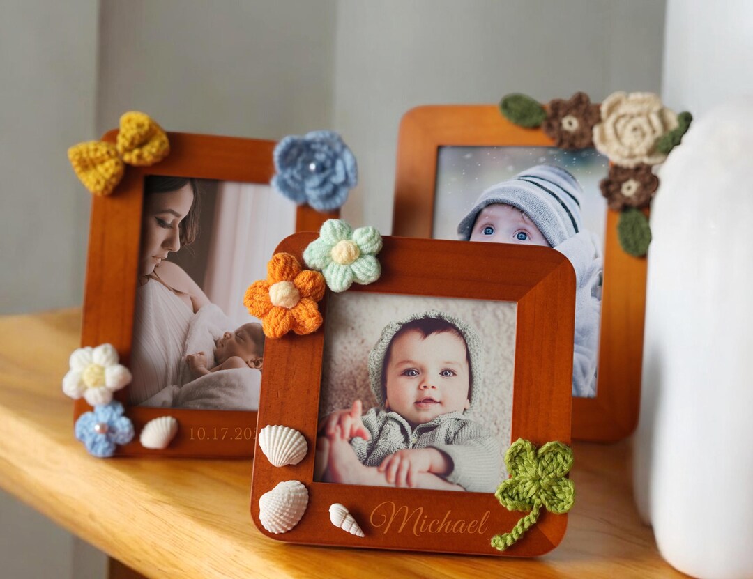 Personalized Pine Wood Picture Frame With Handmade Crochet Flowers ...