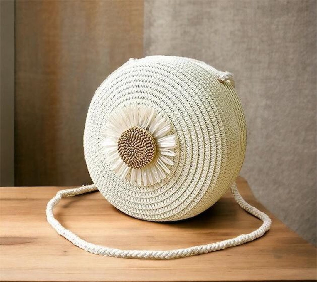 Floral Graphic Circle Straw Bag, Vintage Shoulder Beach Bag, Women's ...