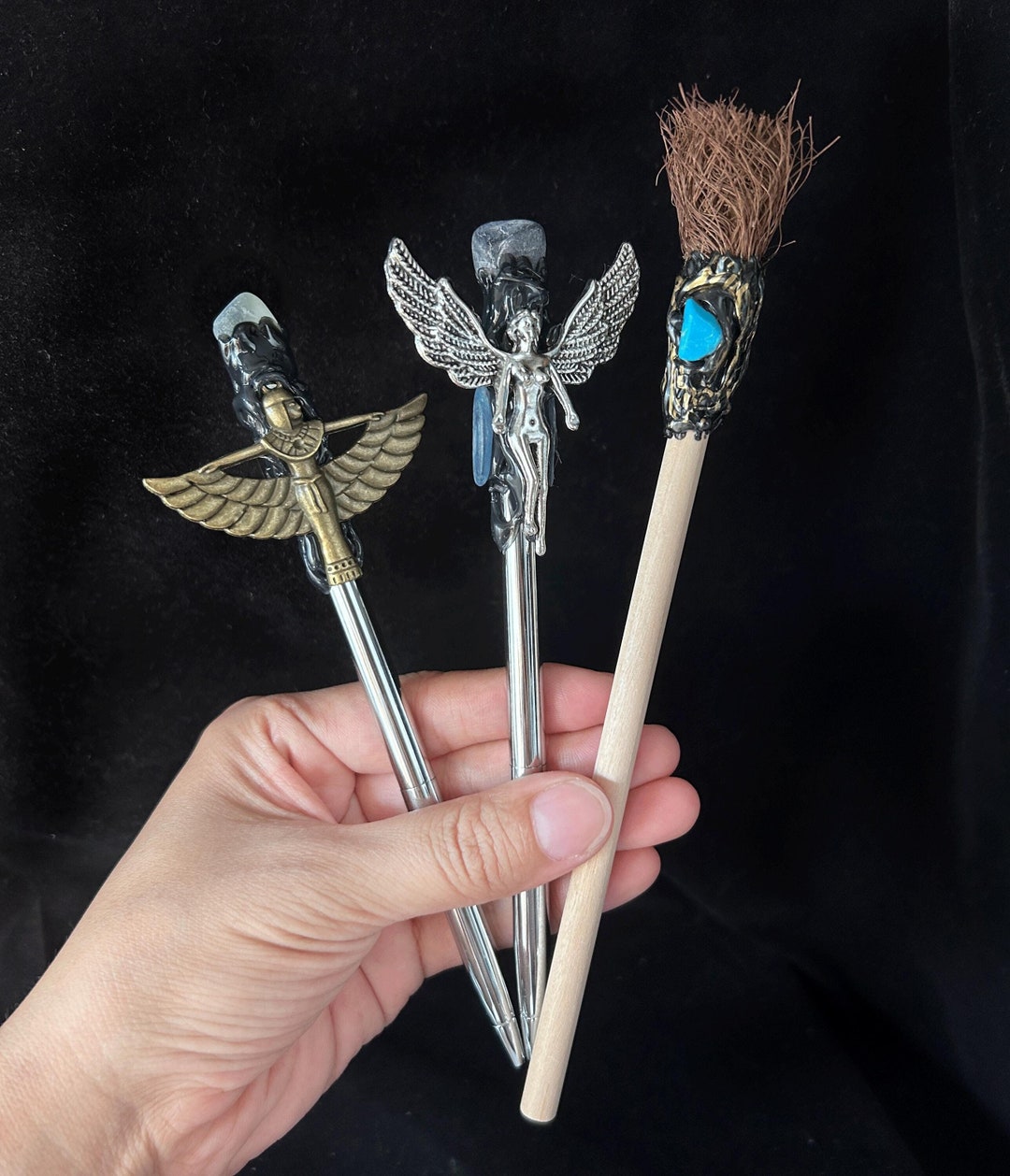 Crystal Wand Pen Witch's Broom Pencils Clear Quartz Ball Point Pens or ...