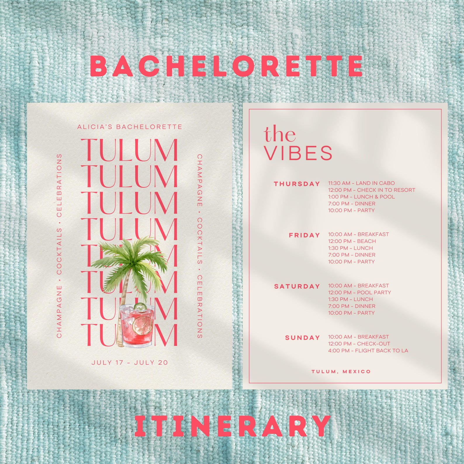 Bachelorette Itinerary 5x7" | FREE Mobile Invitation | Trip Planner ...