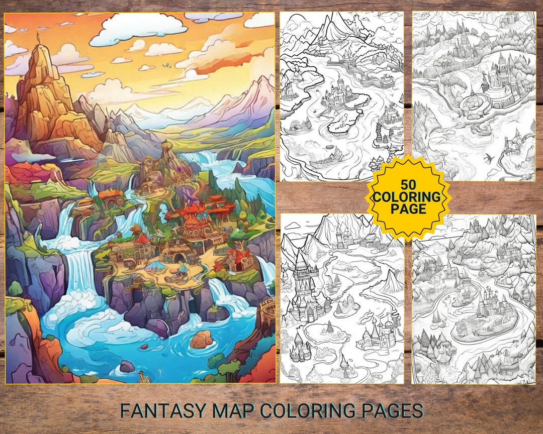 50 Fantasy Map Coloring Pages: Coloring Book for Adults and Kids ...