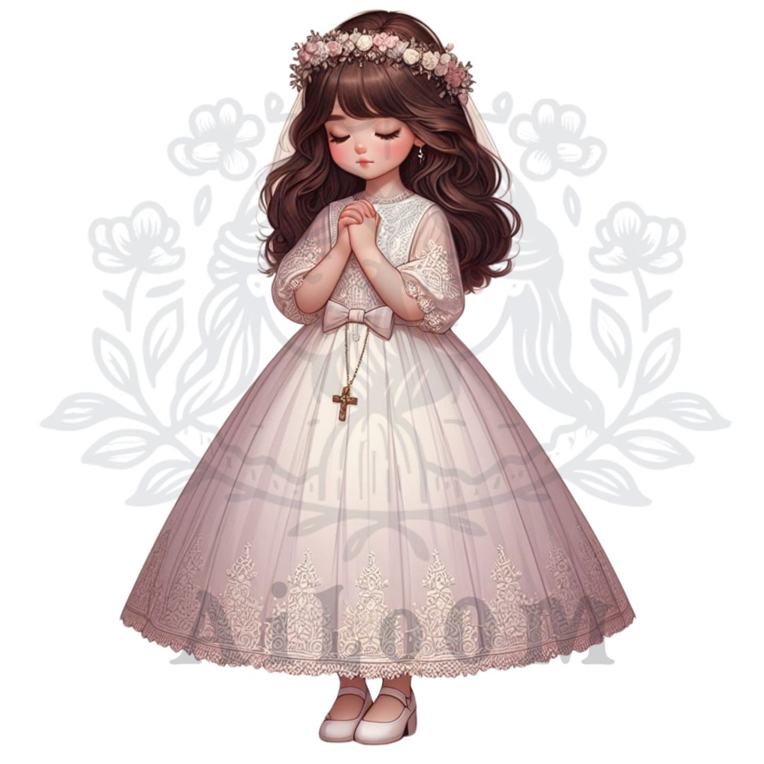 Pink Melancholy: Vintage Style Communion Girl Looking Down in Pink ...