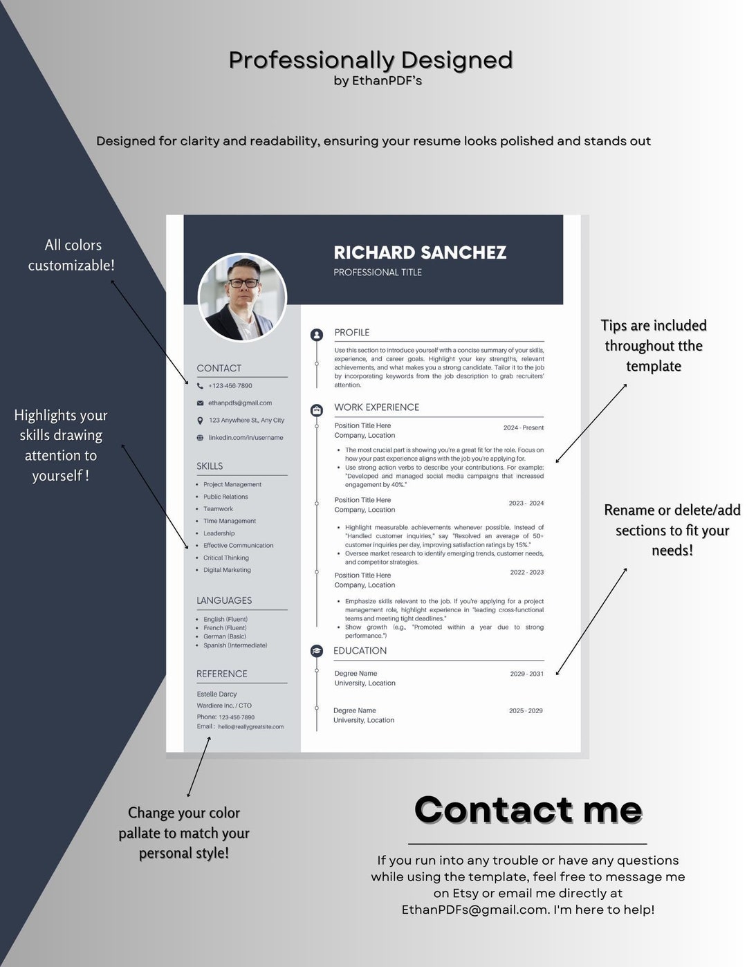 Fully Customizable Resume Template With Cover Letter, Reference Page ...