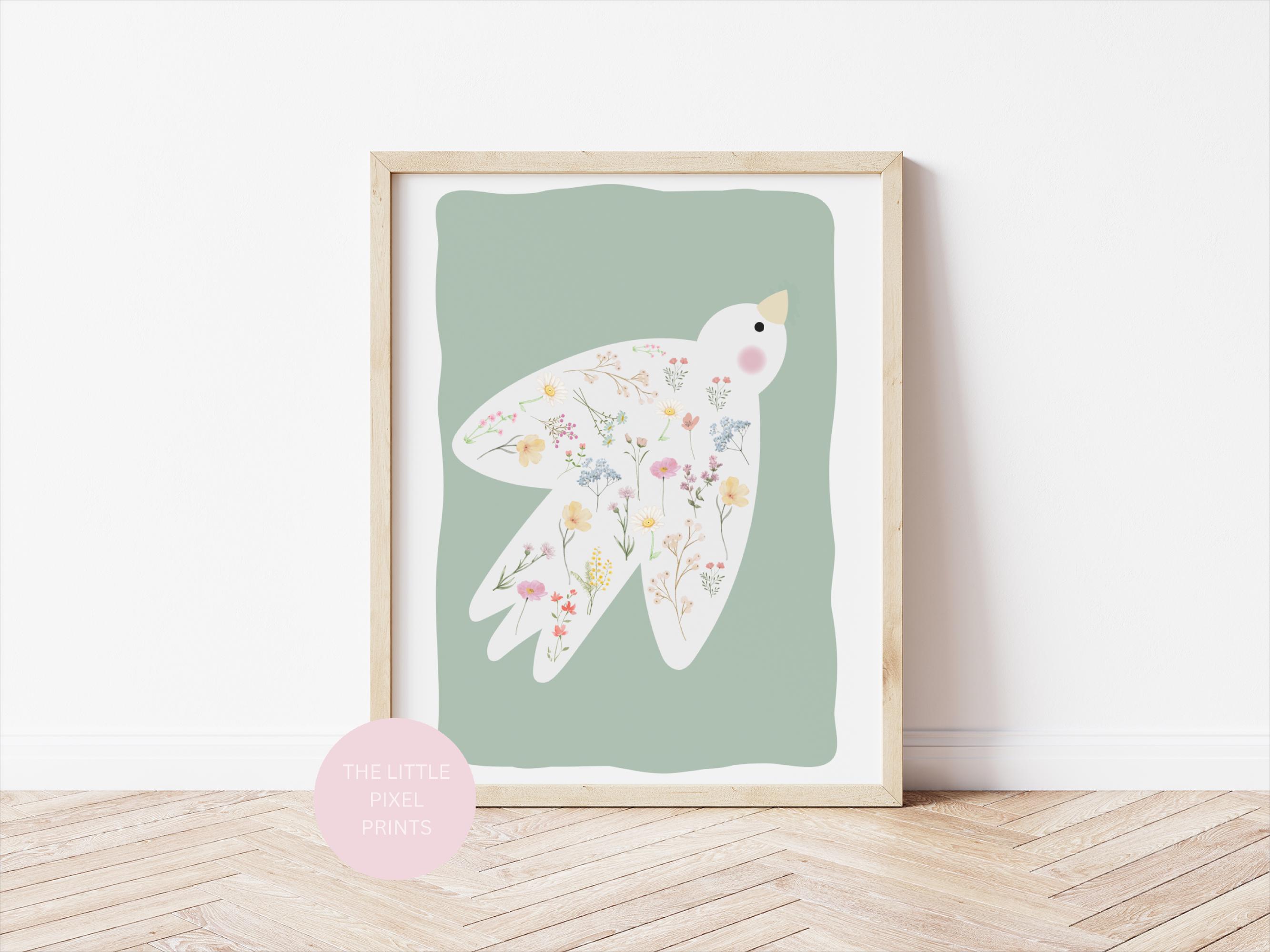 Floral Dove Print, Floral Art Decor, Childrens Prints, Nursery Decor ...