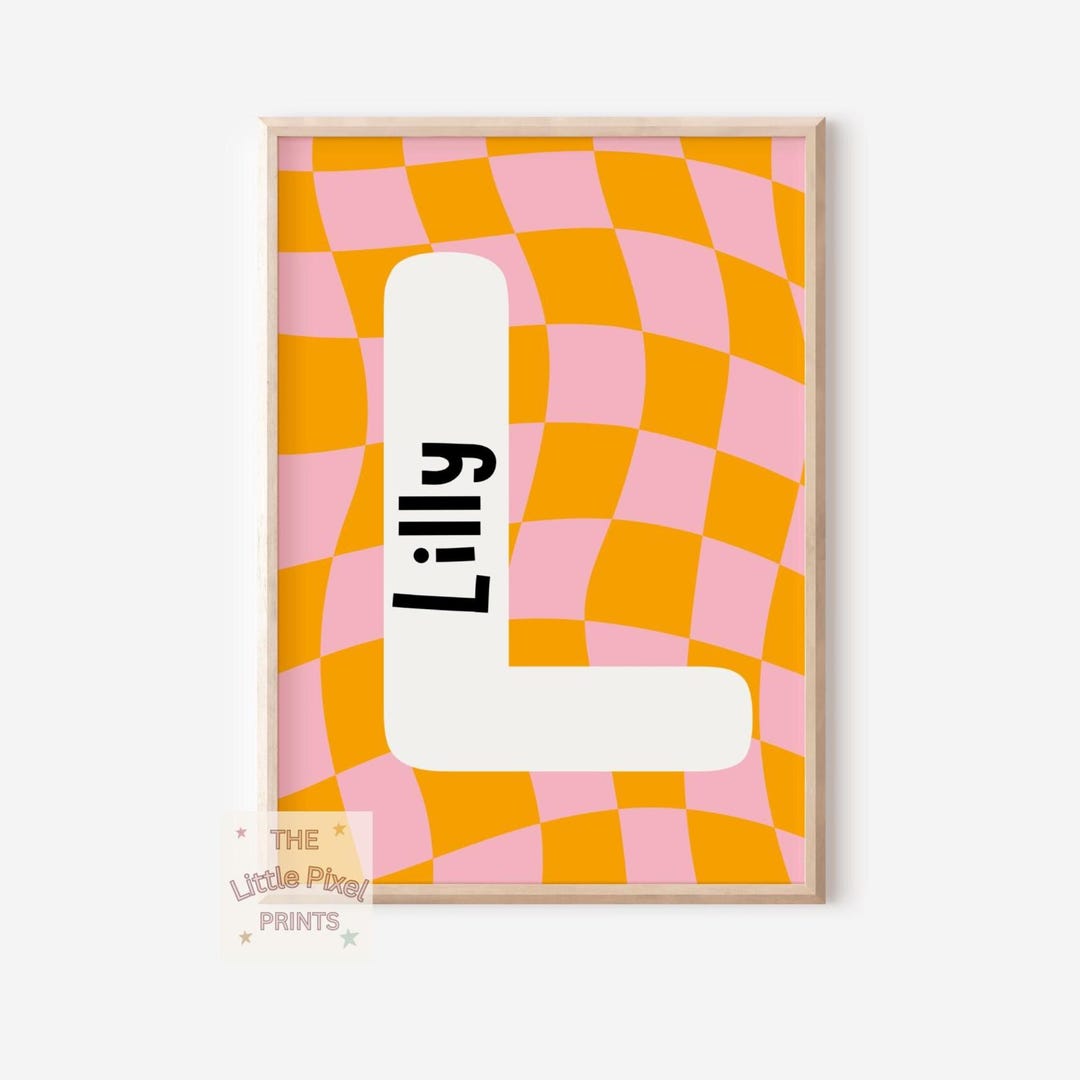 Childrens Personalised Bright Retro Checkered Wall Print for Bedroom ...
