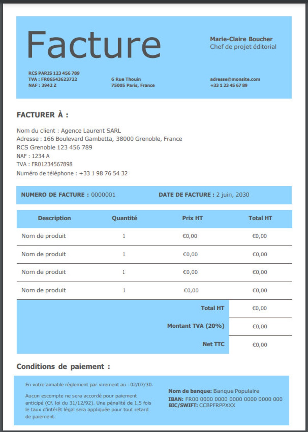 Modèle De Facture Word Pour La France - Modifiable Invoice Template for ...