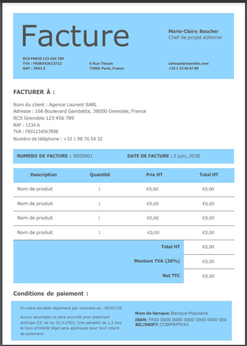 Modèle De Facture Word Pour La France - Modifiable Invoice Template for ...