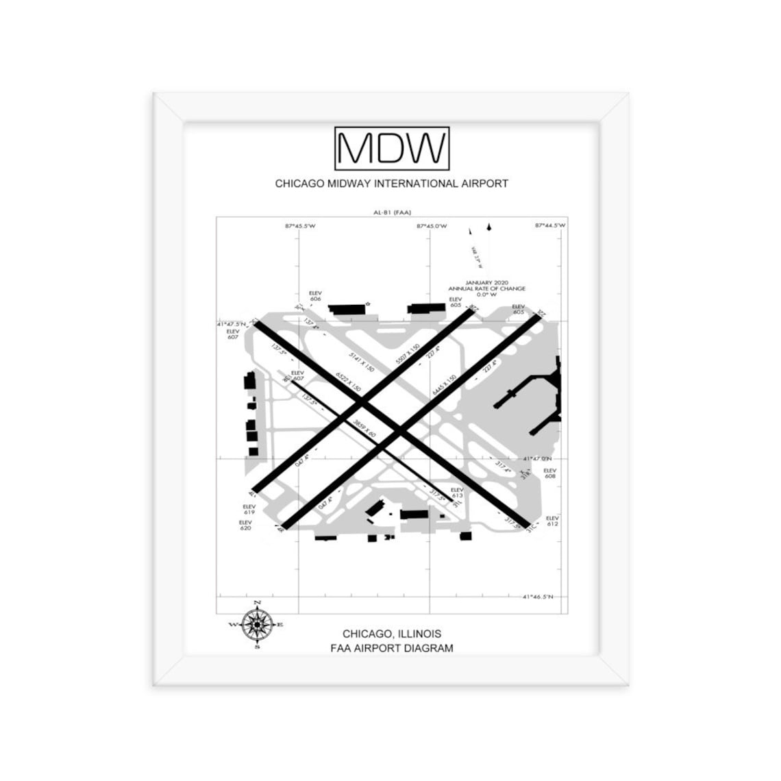 MDW Chicago Midway International Airport Diagram Framed Print MDW ...