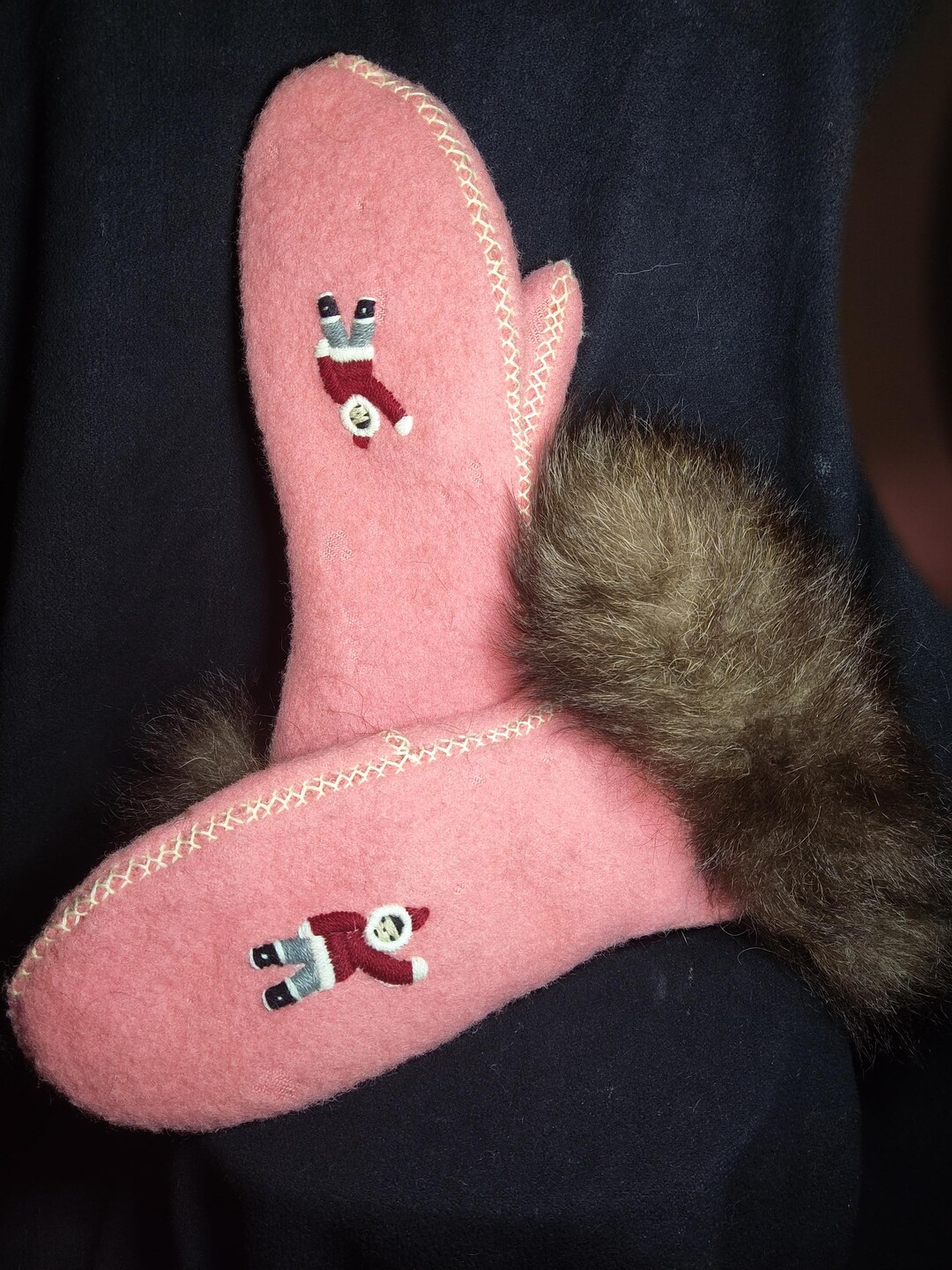 Vintage Pink and Brown 90s Inuit Mittens Handmade Felted Wool Mittens ...
