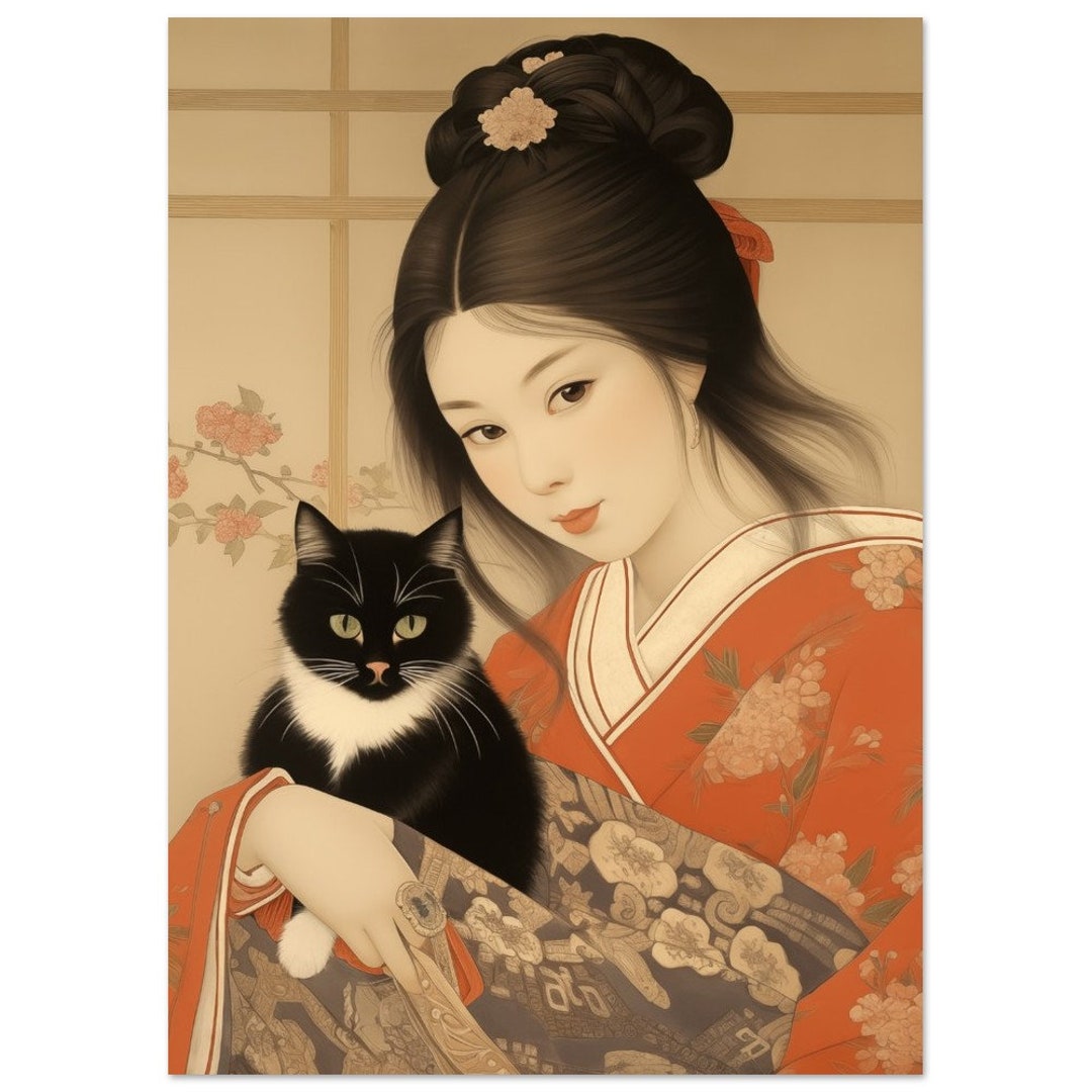 Feline Friend: Japanese Geisha-inspired Cat Art for Your Home Premium ...