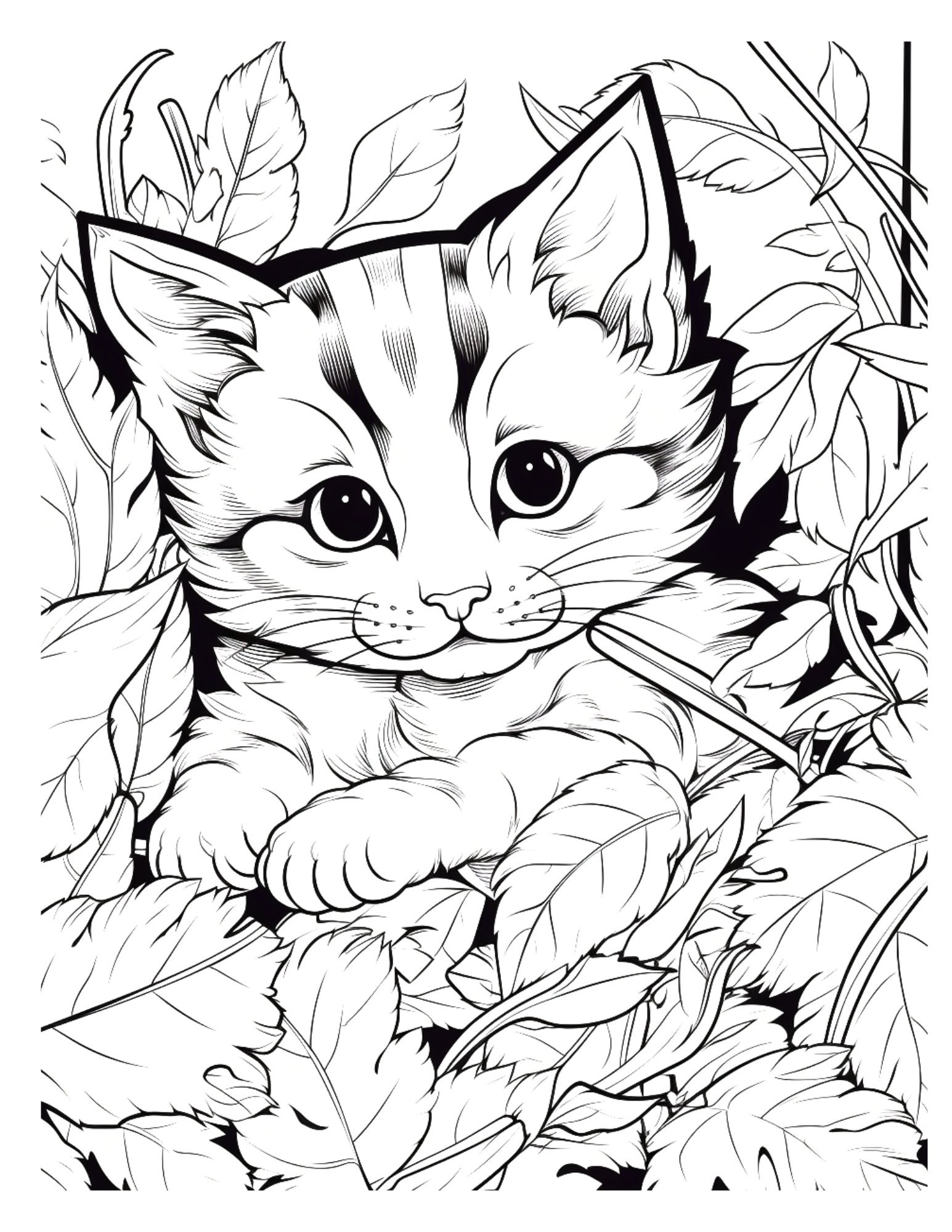 Cat in Leaves, Cat Coloring Page, Easy Coloring, Cat Coloring, Cute Cat ...