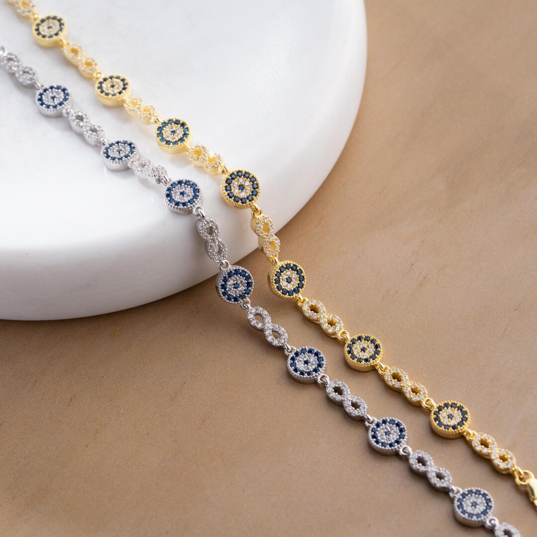 Gold Evil Eye Bracelet, Sterling Silver Infinity Charm, CZ Jewelry - Etsy