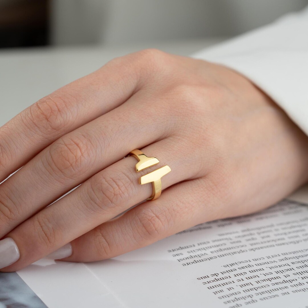 T Bar Ring 925 Sterling Silver & Gold Plated Minimalist Adjustable Ring Open Geometric Band ...