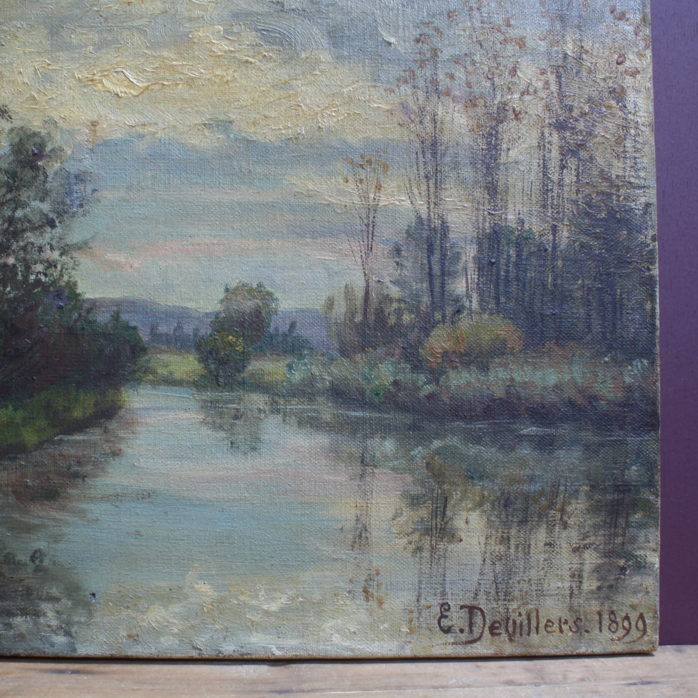 Antique French Oil Painting, Original Artwork of a River With the Sun ...