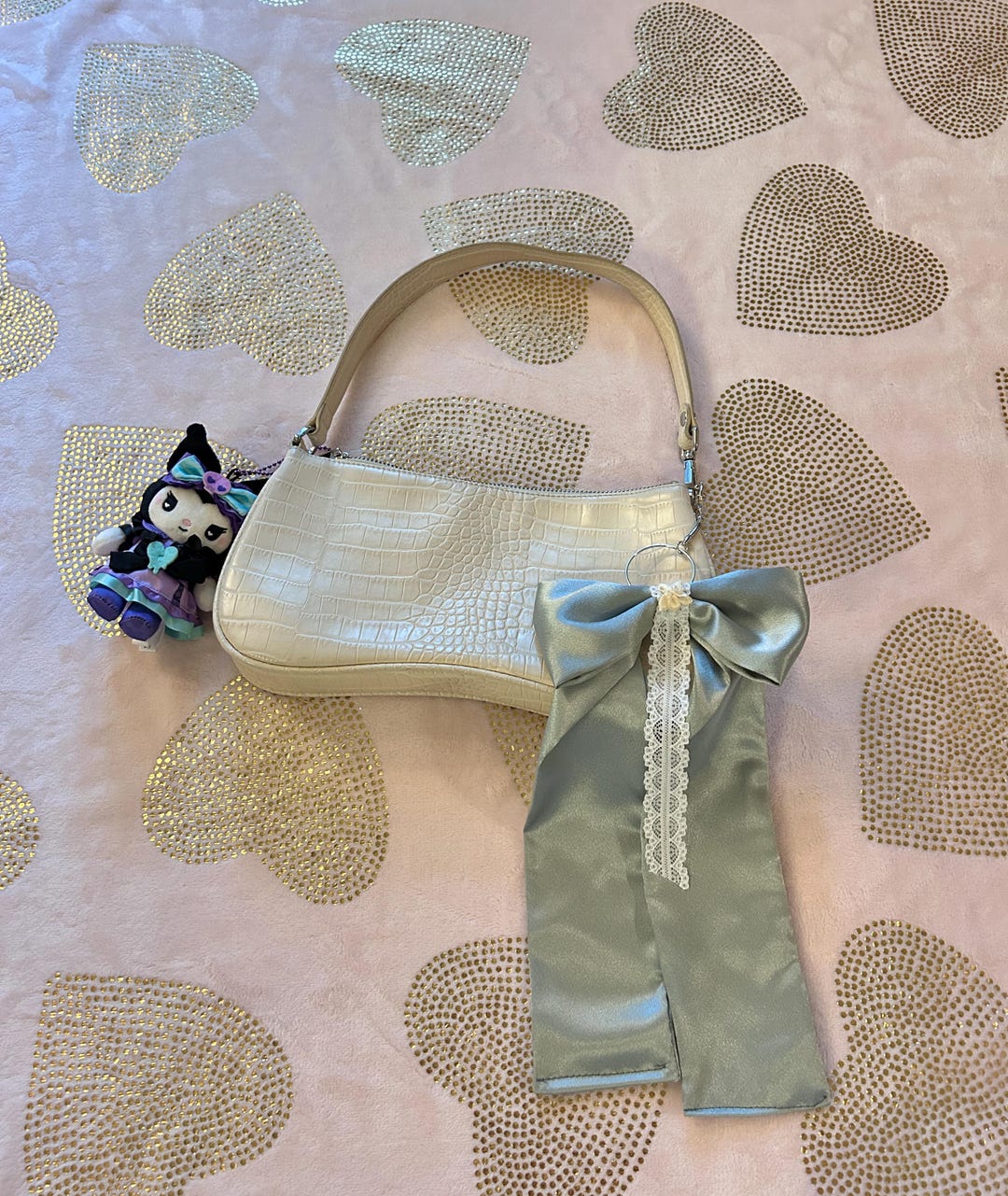 Bow Bag Charm Pink Purse Charm Wicked Bow Sage Green Bow Keychain ...