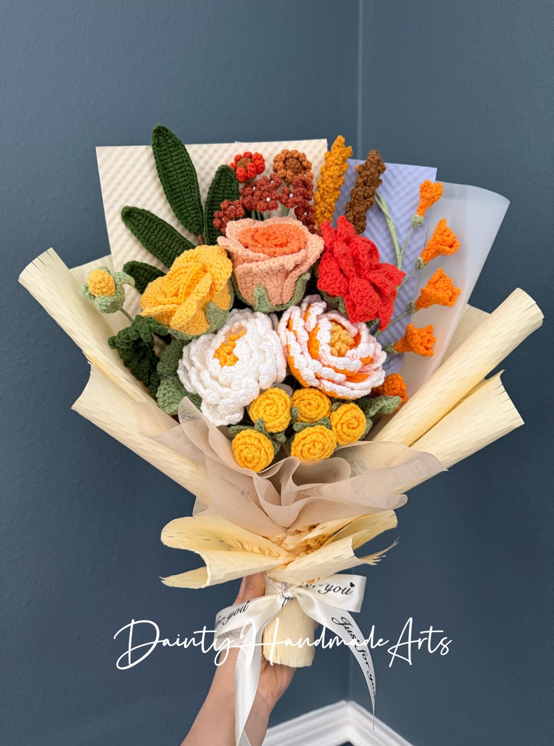 Handmade Knitted Orange Blue Flower Bouquet: Yarn Lily, Rose, Tulip for ...