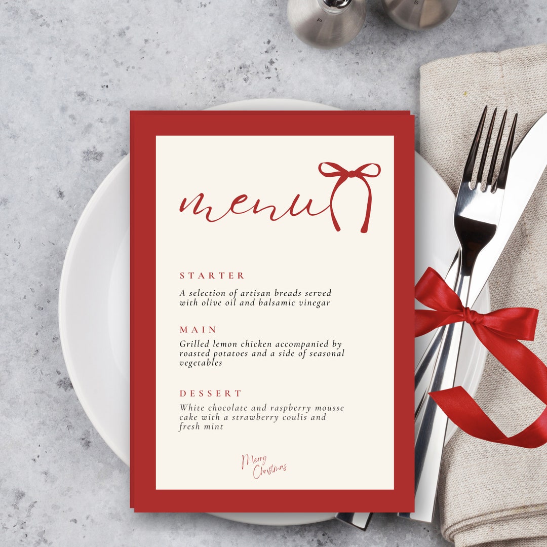 Girly Menu Template, Menu Template in Canva, Bow Menu, Dinner Party ...