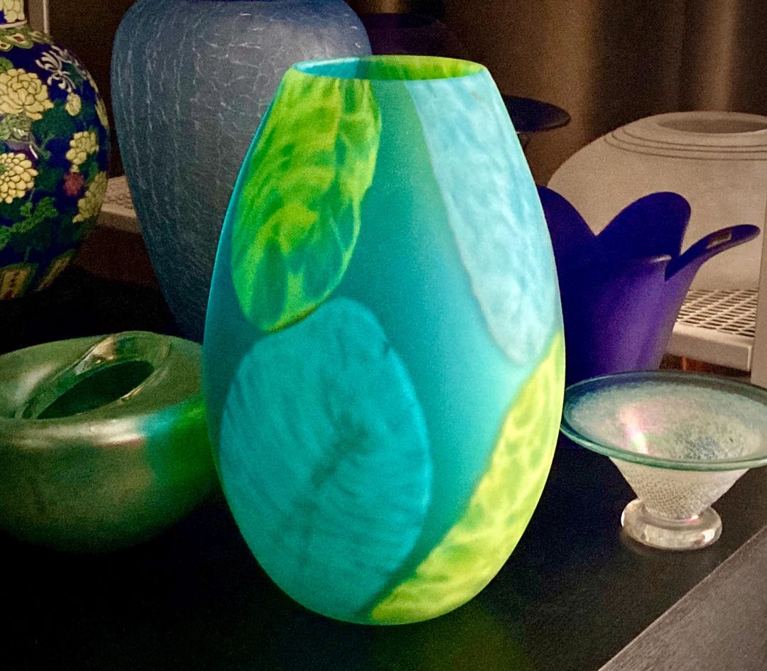 Art Glass Vase Signed by Garry Nash – Satin Frosted Leaves - Blue ...