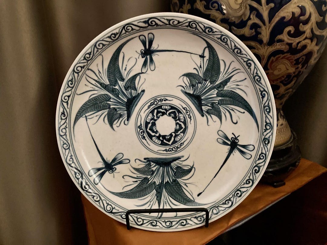 Vietnamese Hand-painted Dragonfly Plate - Vintage Blue and White Home ...
