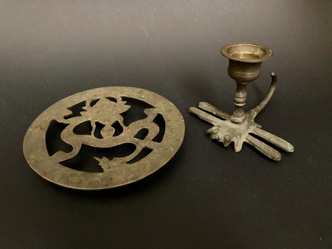 Chinese Bronze Dragonfly Candlestick & Dragon Trivet - Late 19th ...